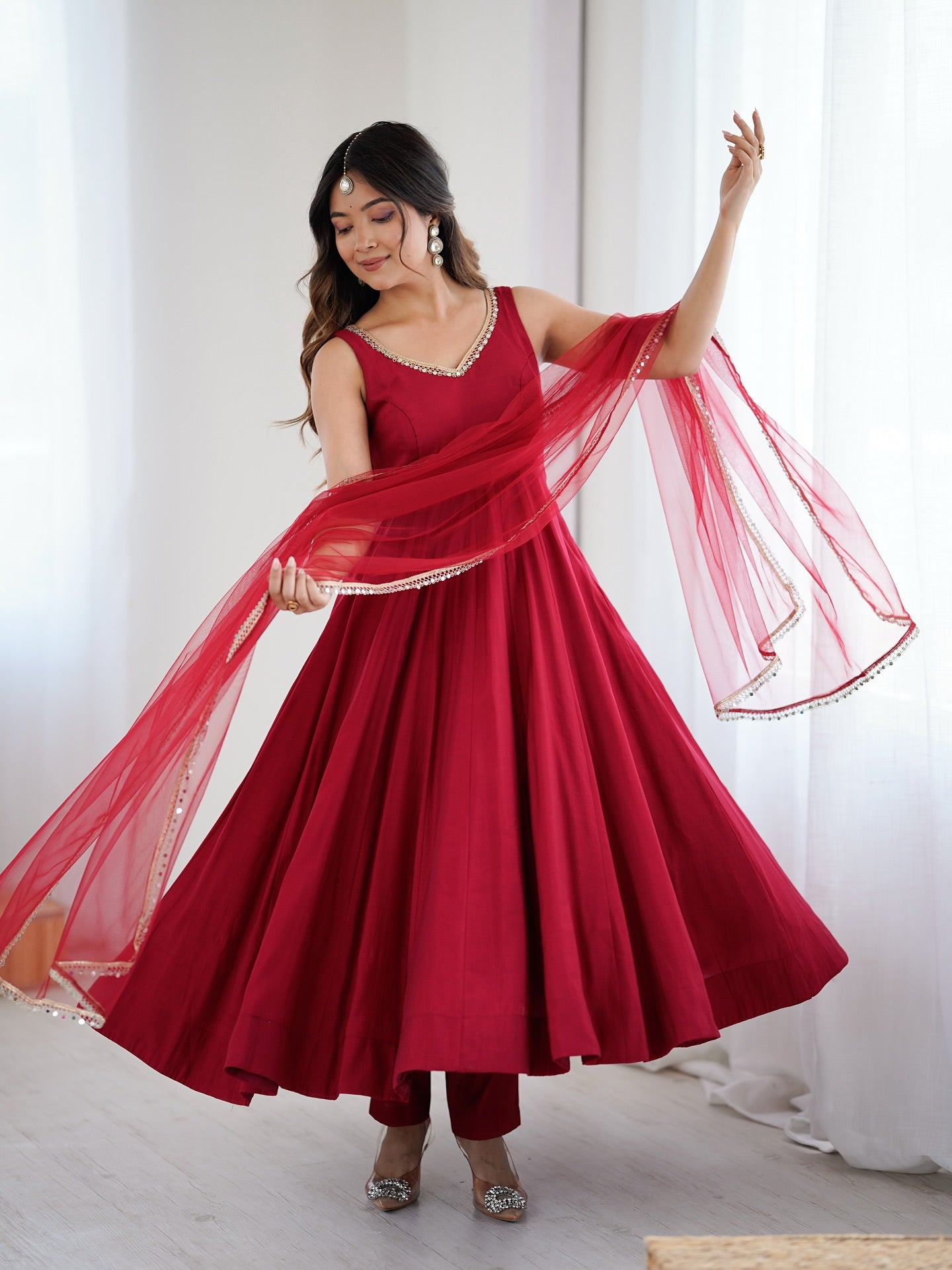 Ruhika Red Chanderi Cotton Suit Set – Dhirai